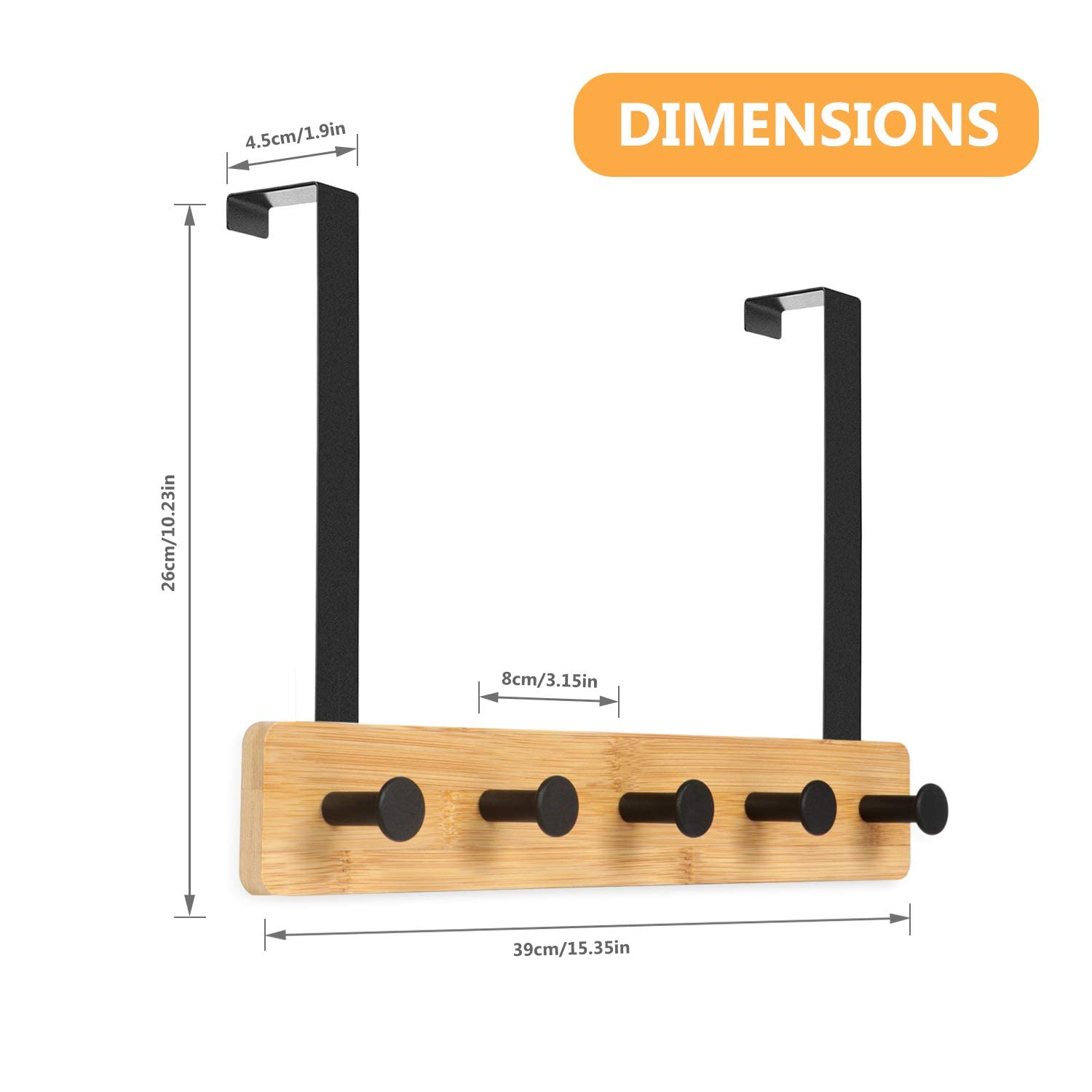 JSVER Wooden Over The Door Hooks 5 Hooks Door Hanger, Sturdy Heavy Duty Coat Rack for Bag, Coat, Towel, Hat, Robes, Scarves, Bedroom, Closet, Bathroom