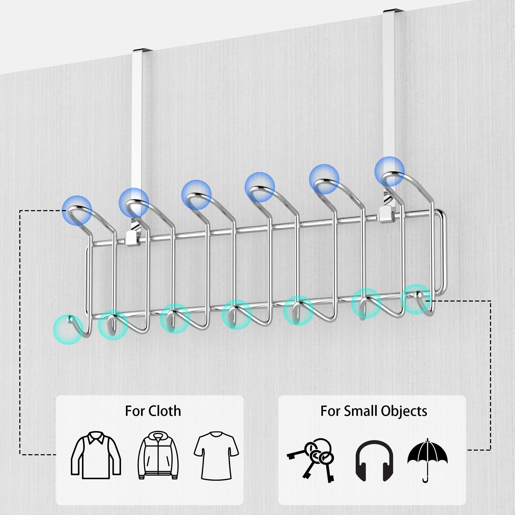 Minggoo Over The Door 13-Hook Rack Heavy-Duty, Wall Mounted Coat Rack，Door Clothes Hanger for Living Room, Cloakroom, Bathroom, Chrome Finish