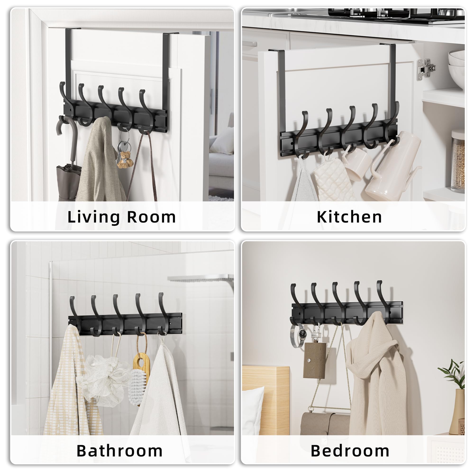 Over The Door Hooks for Hanging, Black Stainless Sturdy Clothes Rack Hanger for Coat, Towel, Purse, Backpack, Hat, Modern Organizer for Living Room, Bathroom, Bedroom, Dorm, 5 Double-Hook