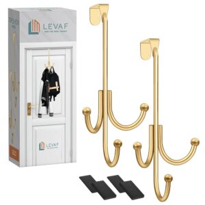 levaf 2-pack over the door hook - with 3 hang heads & snug fit pads- 2pcs heavy duty hooks for hanging coats, towels, caps & robes - elegant matt finish - no drill hanger organizer - gold