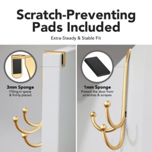 LEVAF 2-Pack Over The Door Hook - with 3 Hang Heads & Snug Fit Pads- 2Pcs Heavy Duty Hooks for Hanging Coats, Towels, Caps & Robes - Elegant Matt Finish - No Drill Hanger Organizer - Gold