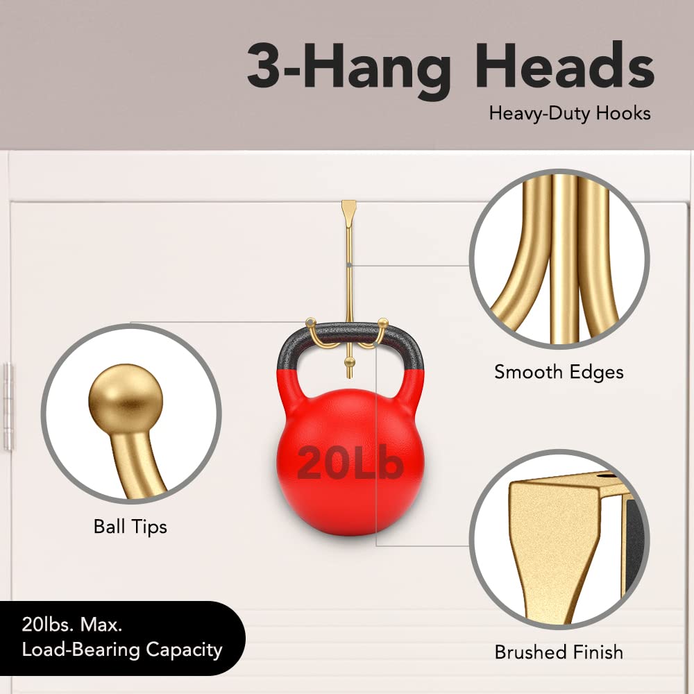 LEVAF 2-Pack Over The Door Hook - with 3 Hang Heads & Snug Fit Pads- 2Pcs Heavy Duty Hooks for Hanging Coats, Towels, Caps & Robes - Elegant Matt Finish - No Drill Hanger Organizer - Gold