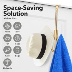 LEVAF 2-Pack Over The Door Hook - with 3 Hang Heads & Snug Fit Pads- 2Pcs Heavy Duty Hooks for Hanging Coats, Towels, Caps & Robes - Elegant Matt Finish - No Drill Hanger Organizer - Gold