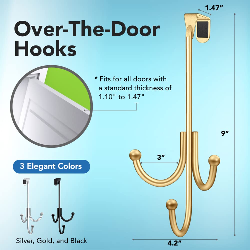 LEVAF 2-Pack Over The Door Hook - with 3 Hang Heads & Snug Fit Pads- 2Pcs Heavy Duty Hooks for Hanging Coats, Towels, Caps & Robes - Elegant Matt Finish - No Drill Hanger Organizer - Gold