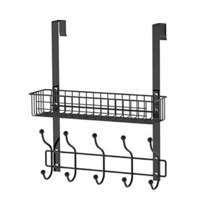 milijia coat rack, over the door hanger with mesh basket, detachable storage shelf for towels, hats, handbags, coats (black)