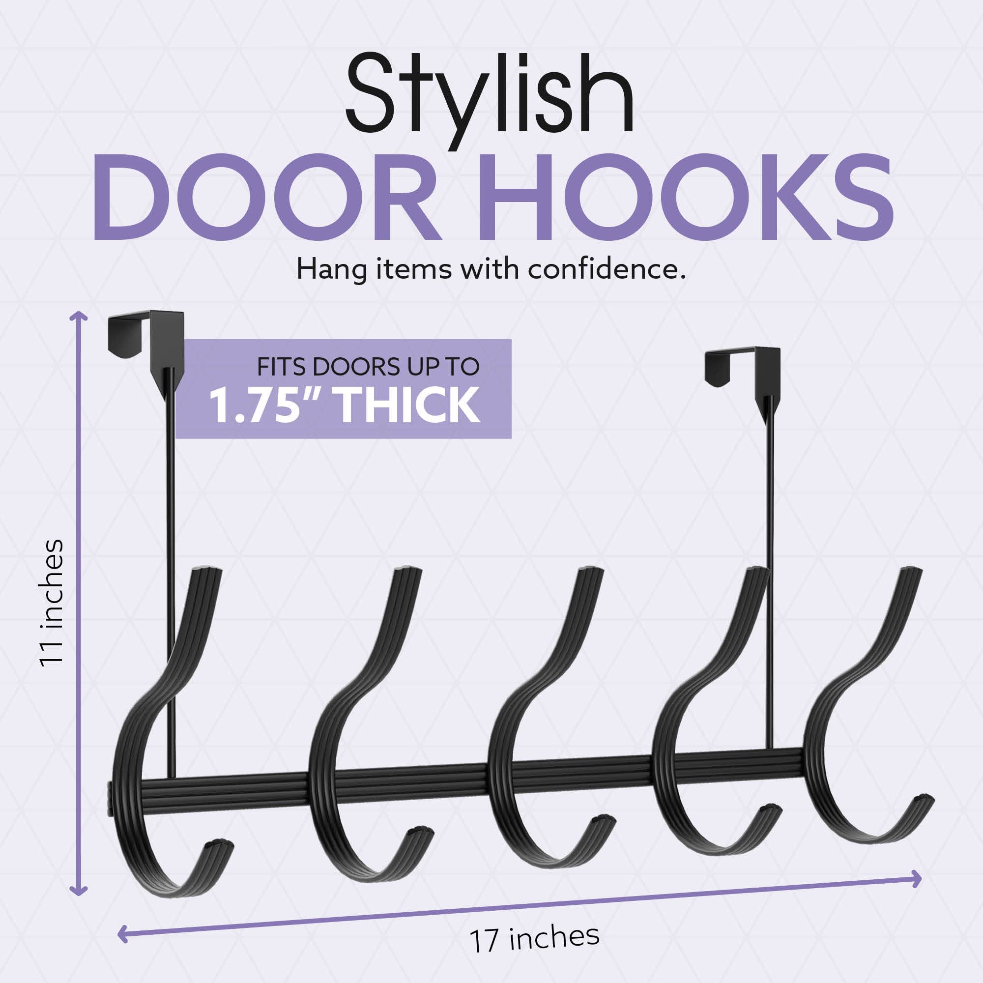 Richards Over The Door Hooks - Stainless Steel and Heavy-Duty Hanger for Clothes, Coat, Towel, Bag, Robe, Hat and Purse | 17x3x10 inches | Austin - Black