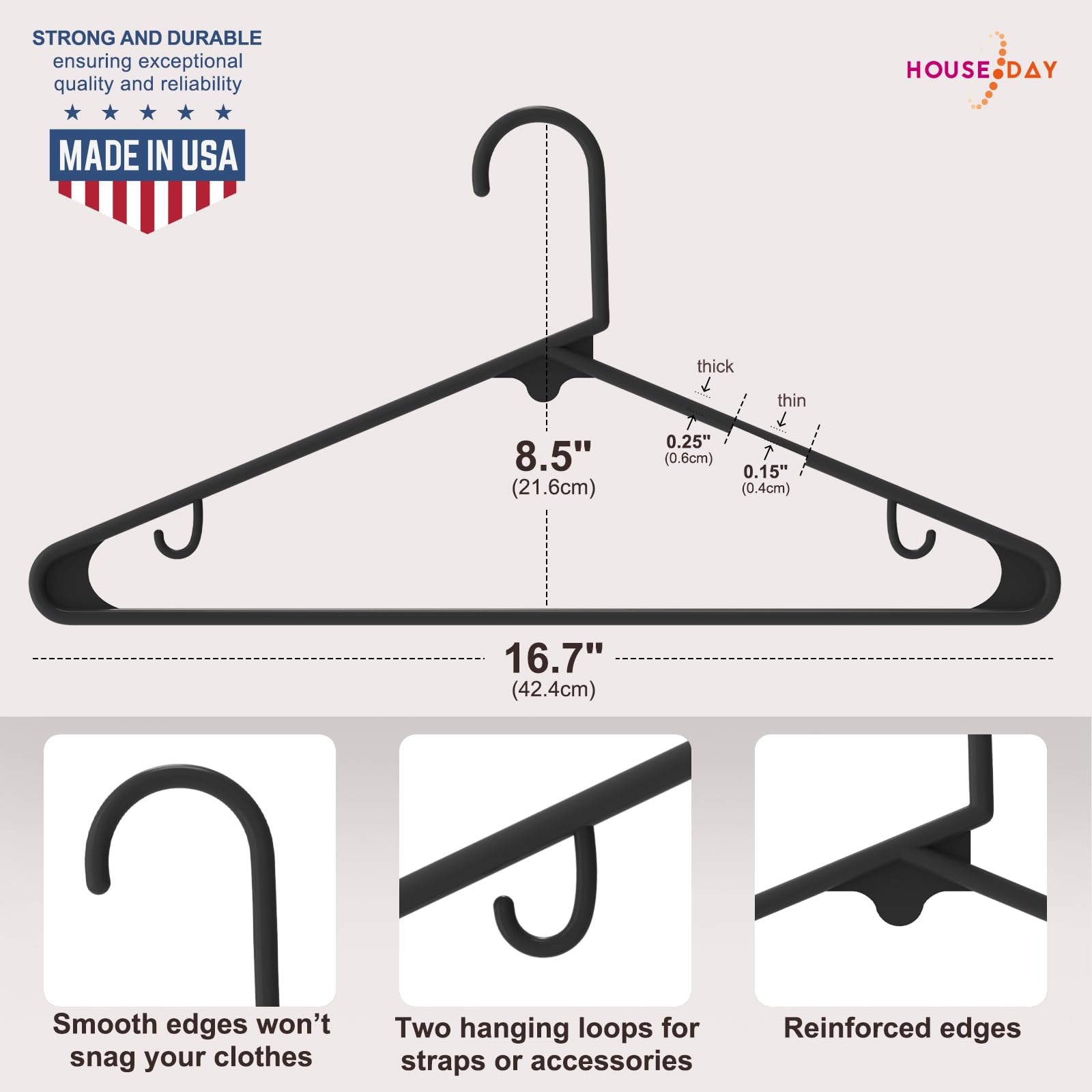 HOUSE DAY Plastic Hangers 100 Pack Durable & Space Saving Clothes Hangers Bulk Coat Hangers Black with Non-Slip Hook Lightweight Hangers for Clothing, Shirts, Pants, Dresses & Ideal for Everyday Use