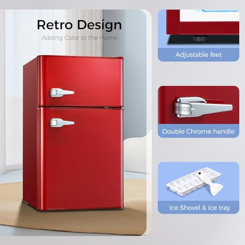 Kismile Mini fridge with freezer,3.2 Cu.Ft Compact Mini Refrigerator with Double 2 door,Adjustable Temperature,Full Size for Home,Kitchen,Dorm,Apartment,Retro Red