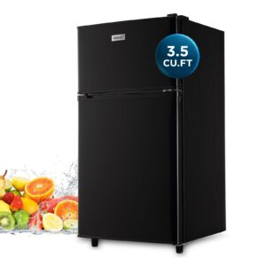 wanai compact refrigerator 3.5 cu.ft dual door mini fridge with freezer, small refrigerator with 7 temp modes, energy saving, low noise for bedroom, dorm, office, apartment, black