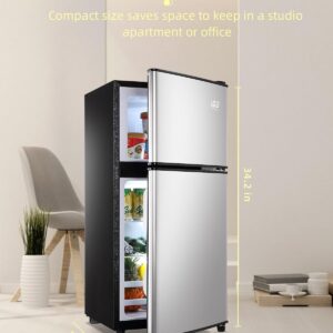 KRIB BLING Compact Refrigerators with Freezer, 3.5 Cu.ft Mini Fridge with 7 Level Temp Adjustable Thermostat, Small Fridge for Apartment, Office, Basement, Silver