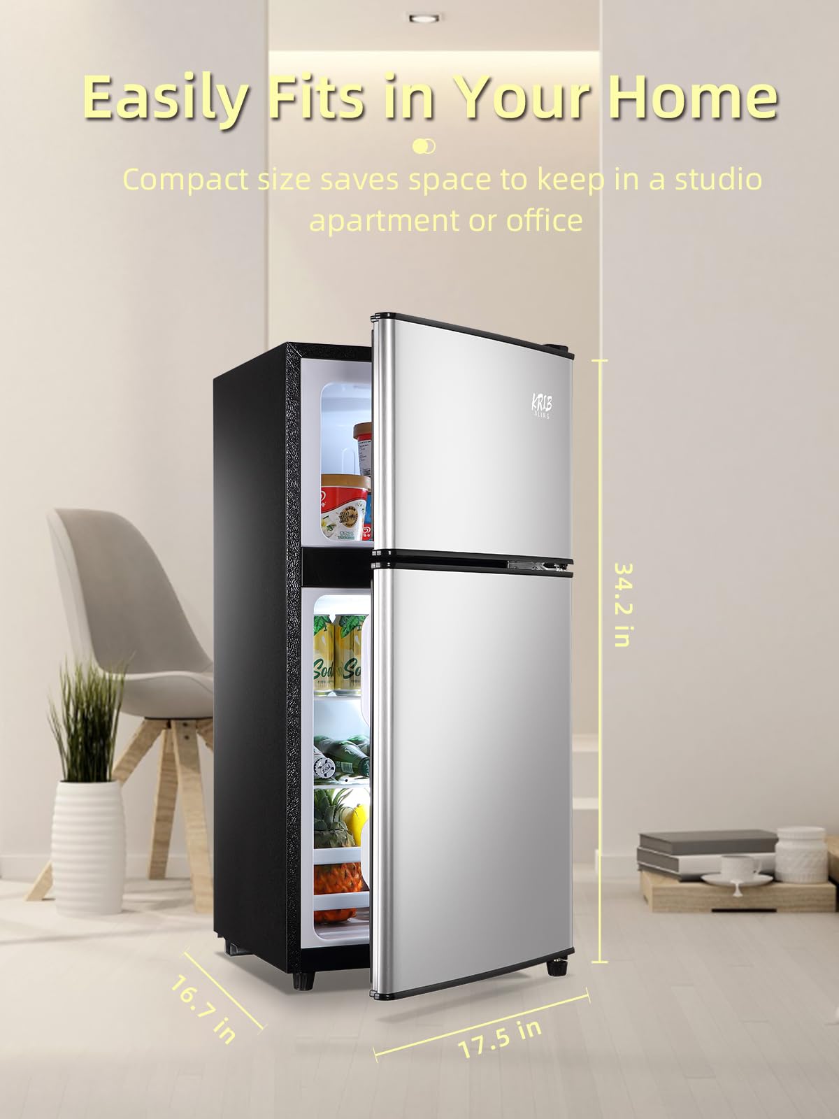 KRIB BLING Compact Refrigerators with Freezer, 3.5 Cu.ft Mini Fridge with 7 Level Temp Adjustable Thermostat, Small Fridge for Apartment, Office, Basement, Silver