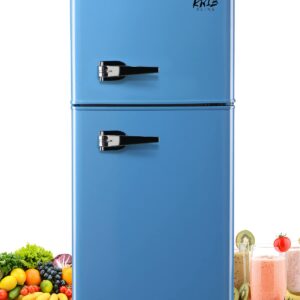 KRIB BLING 3.5 Cu.Ft Refrigerator 2 Door 7 Level Adjustable Thermostat Control Top-Freezer Refrigerator Lock Fresh Energy Saving Blue