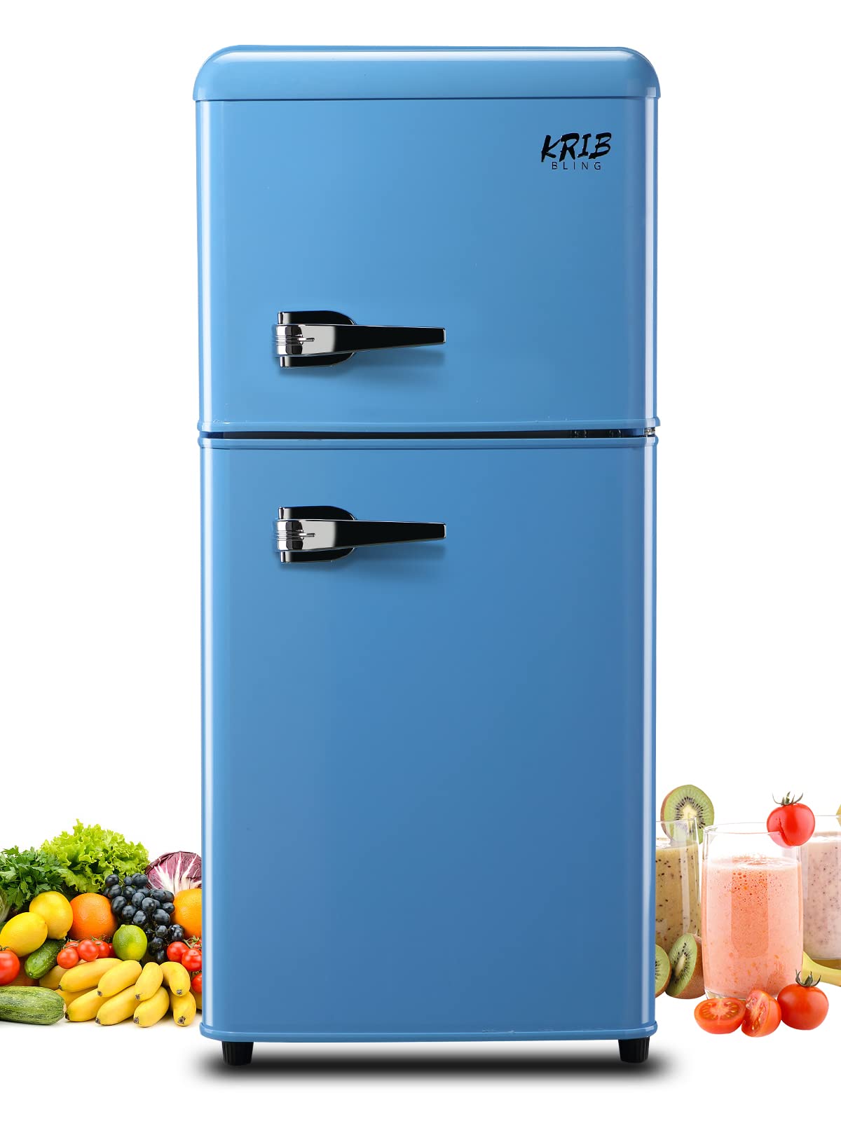 KRIB BLING 3.5 Cu.Ft Refrigerator 2 Door 7 Level Adjustable Thermostat Control Top-Freezer Refrigerator Lock Fresh Energy Saving Blue