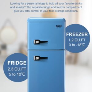 KRIB BLING 3.5 Cu.Ft Refrigerator 2 Door 7 Level Adjustable Thermostat Control Top-Freezer Refrigerator Lock Fresh Energy Saving Blue