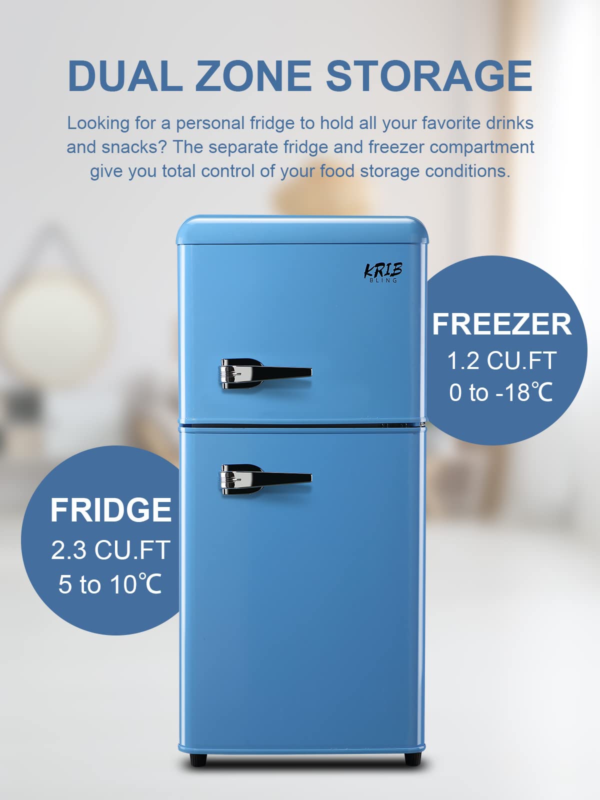 KRIB BLING 3.5 Cu.Ft Refrigerator 2 Door 7 Level Adjustable Thermostat Control Top-Freezer Refrigerator Lock Fresh Energy Saving Blue