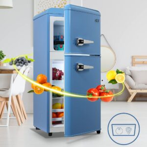 KRIB BLING 3.5 Cu.Ft Refrigerator 2 Door 7 Level Adjustable Thermostat Control Top-Freezer Refrigerator Lock Fresh Energy Saving Blue