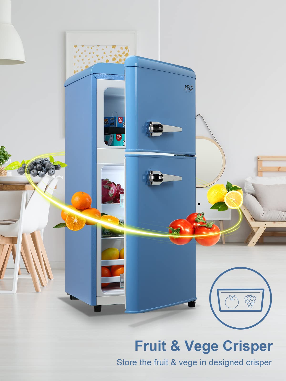 KRIB BLING 3.5 Cu.Ft Refrigerator 2 Door 7 Level Adjustable Thermostat Control Top-Freezer Refrigerator Lock Fresh Energy Saving Blue