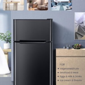 NAFORT Mini Fridge with Freezer 3.2 cu ft. 2-Door Freezer Cooler Refrigerator with Reversible Door, Removable Glass Shelves&Drawer, Mechanical Control, Recessed Handle for Dorm, Office, Apartment