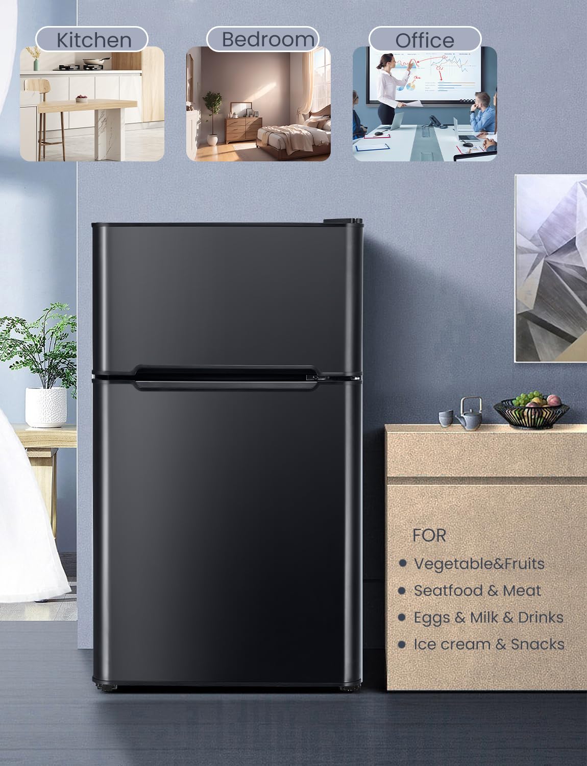 NAFORT Mini Fridge with Freezer 3.2 cu ft. 2-Door Freezer Cooler Refrigerator with Reversible Door, Removable Glass Shelves&Drawer, Mechanical Control, Recessed Handle for Dorm, Office, Apartment