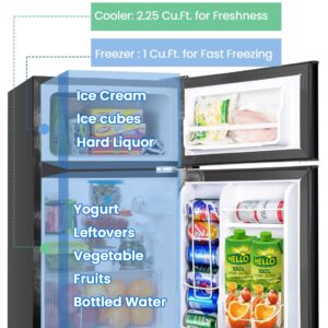 NAFORT Mini Fridge with Freezer 3.2 cu ft. 2-Door Freezer Cooler Refrigerator with Reversible Door, Removable Glass Shelves&Drawer, Mechanical Control, Recessed Handle for Dorm, Office, Apartment