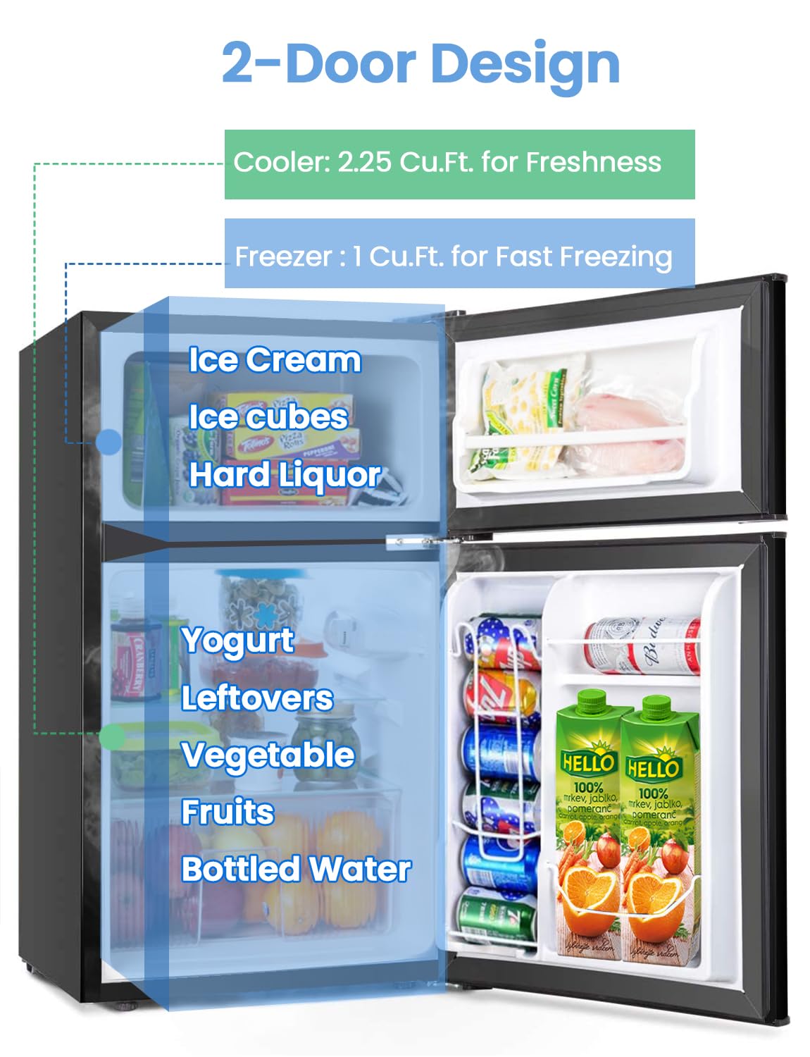 NAFORT Mini Fridge with Freezer 3.2 cu ft. 2-Door Freezer Cooler Refrigerator with Reversible Door, Removable Glass Shelves&Drawer, Mechanical Control, Recessed Handle for Dorm, Office, Apartment