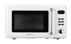 emerson mwr7020w compact countertop microwave oven with button control, led display, 700w 5 power levels, 8 auto menus, glass turntable and child safe lock, 0.7, retro white