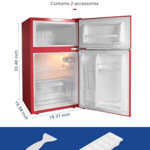 Northair 2-Door Mini Refrigerator with Freezer Compact Fridge with Removable Basket and Shelves 3.2 Cu Ft Red