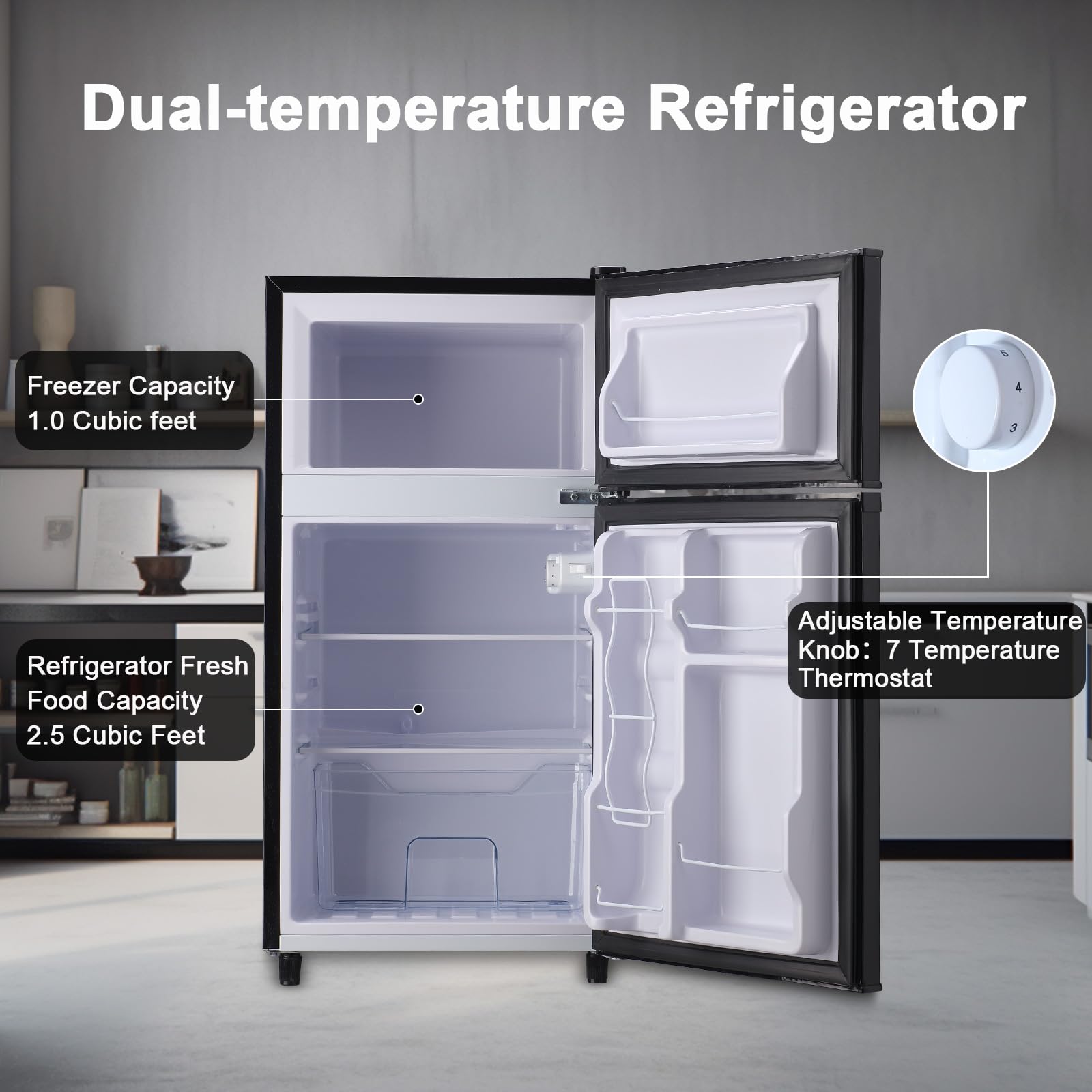 WANAI Compact Refrigerator 3.5 Cu.Ft, 2 Door Design,Adjustable Thermostat, Adjustable Removable Shelves Refrigerator Suitable for Dorm Garage and Office.