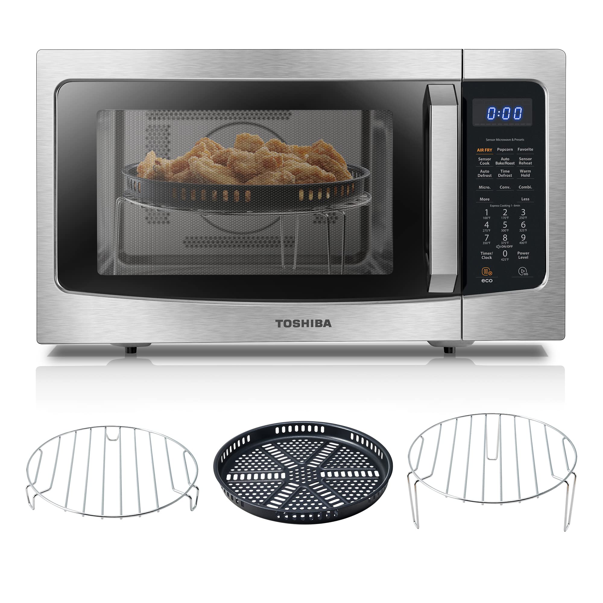 TOSHIBA 4-in-1 ML-EC42P(SS) Countertop Microwave Oven, Smart Sensor, Convection, Air Fryer Combo, Mute Function, Position Memory 13.6" Turntable, 1.5 Cu Ft, 1000W, Silver