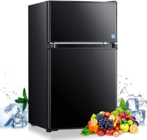 mini fridge with freezer, 3.1 cu.ft refrigerator 2 doors, unique shelf design, with led light, adjustable control thermostat, small refrigerator for bedroom, office, dorm, garage, black - ‎hpbfr310