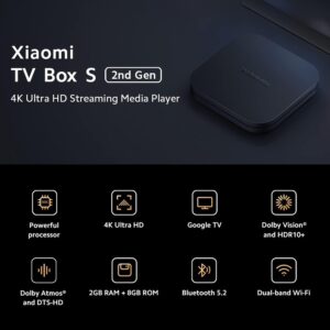 Xiaomi TV Box S 2nd Gen - 4K Ultra HD Streaming Media Player, Google TV Box with 2GB RAM 8GB ROM, 2.4G/5G Dual WiFi, Bluetooth 5.2 & Dolby Audio and DTS-HD, Dolby Vision, HDR10+