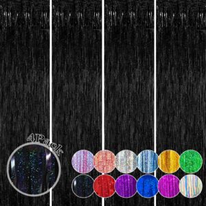 4 Pack Black Tinsel Foil Fringe Curtains, Slmeno Glitter Metallic Foil Curtain Backdrop for Party Decor, Photo Booth Backdrop Streamer for New Years Graduation Celebration Black Birthday Decorations