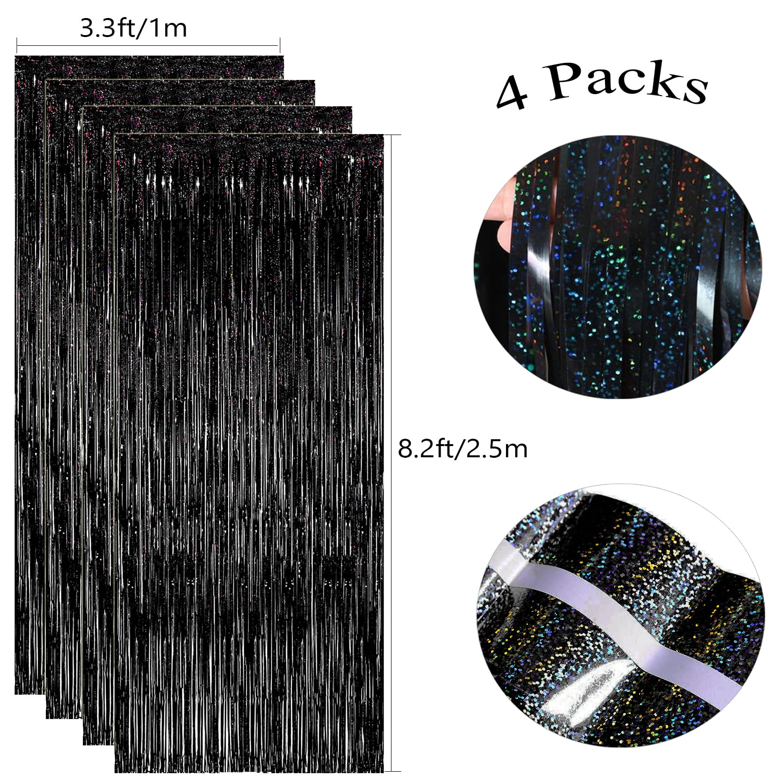 4 Pack Black Tinsel Foil Fringe Curtains, Slmeno Glitter Metallic Foil Curtain Backdrop for Party Decor, Photo Booth Backdrop Streamer for New Years Graduation Celebration Black Birthday Decorations