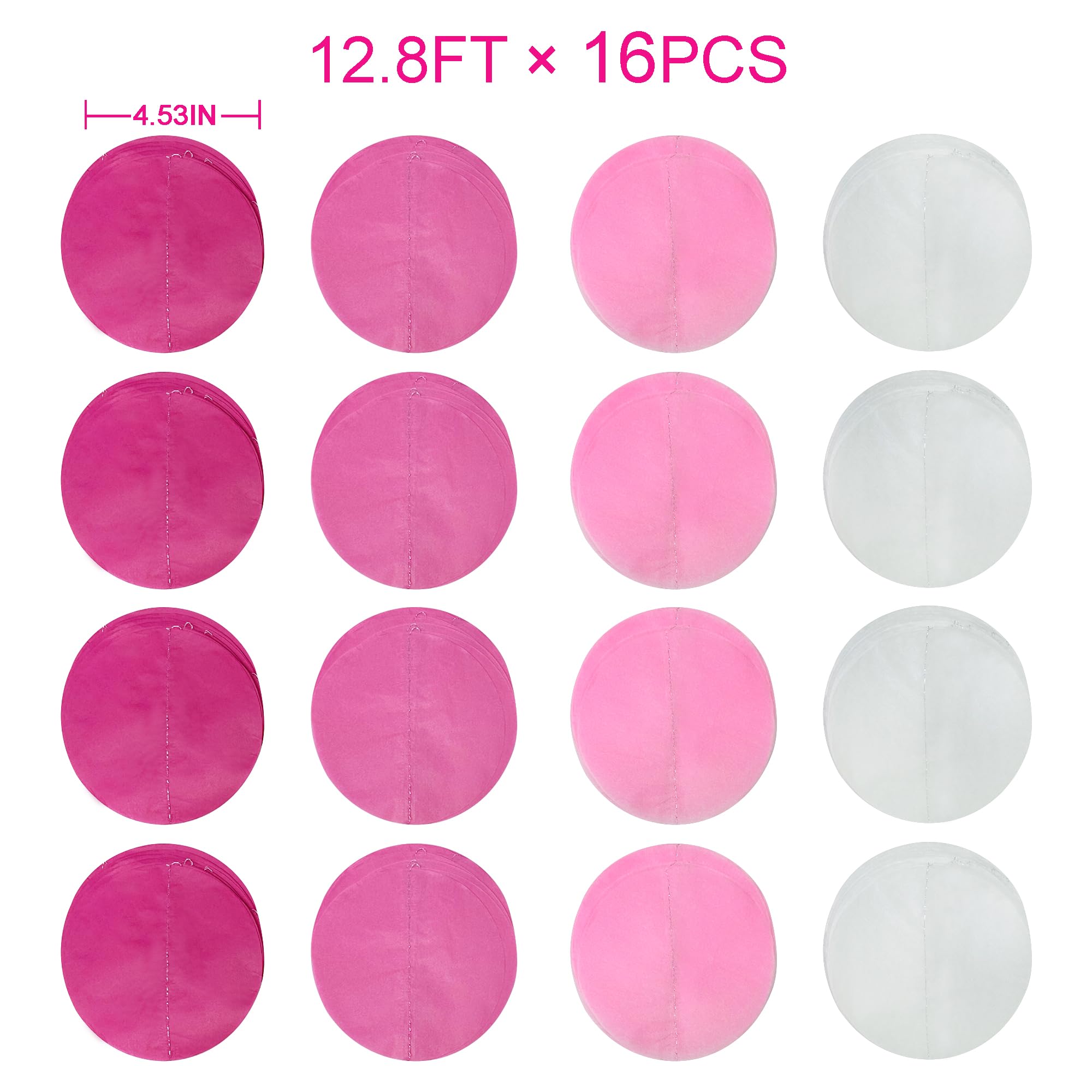 205Ft Hot Pink Party Decorations Big Polka Dots Backdrop Garland Rose Pink Circle Dots Tissue Paper Hanging Curtain Streamer for Bachelorette Birthday Bridal Shower Wedding Engagement Party Supplies