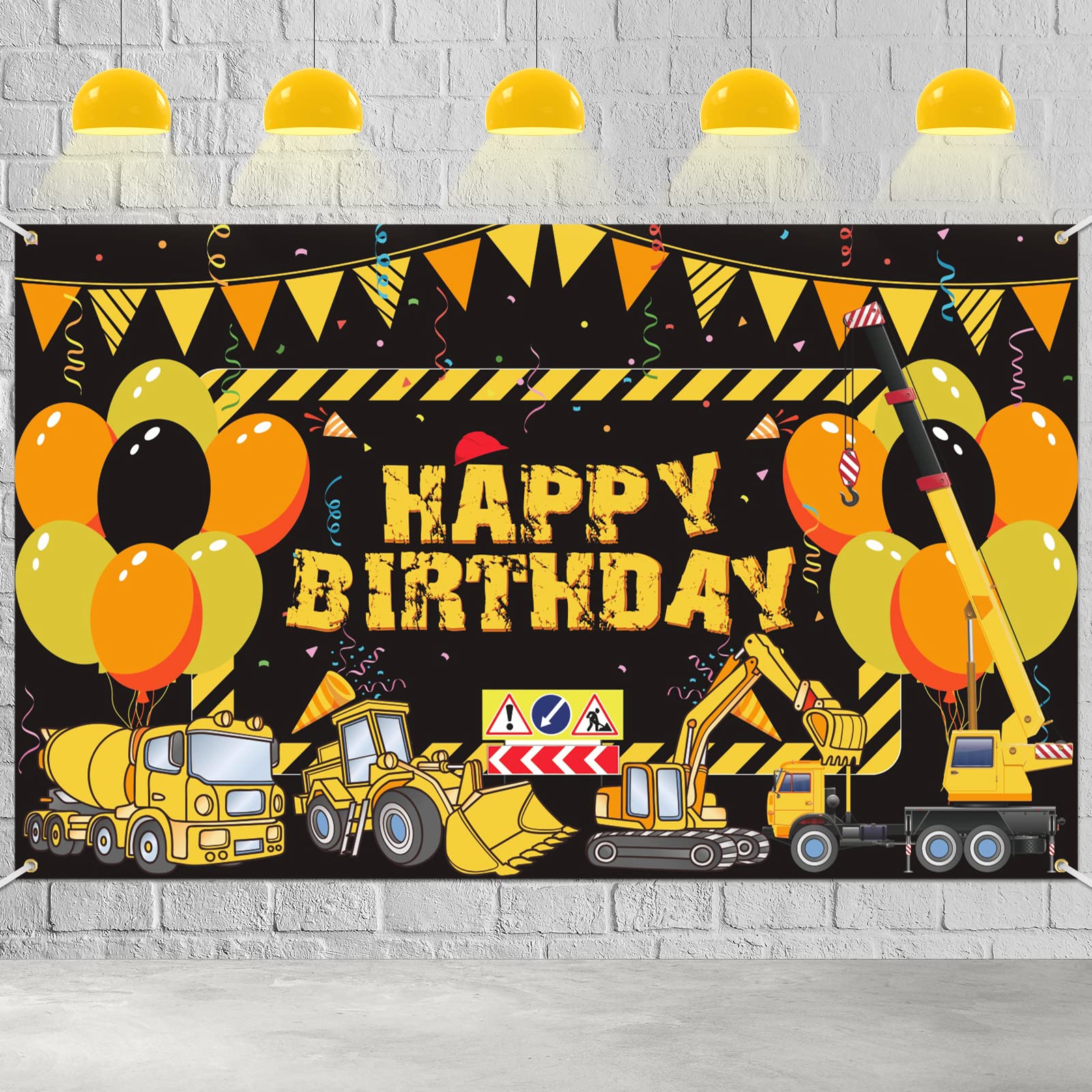 Construction Happy Birthday Banner Large Dump Truck Backdrop Excavator Crane Digger Background Party Supplies for Boys Kids Construction Baby Shower Birthday Party Decoration