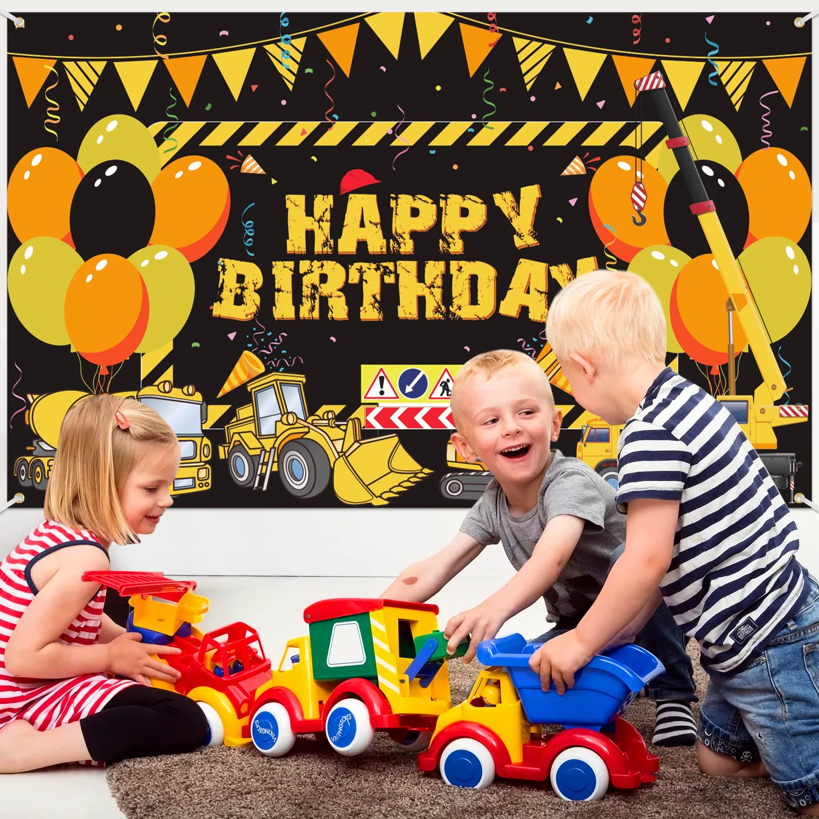 Construction Happy Birthday Banner Large Dump Truck Backdrop Excavator Crane Digger Background Party Supplies for Boys Kids Construction Baby Shower Birthday Party Decoration