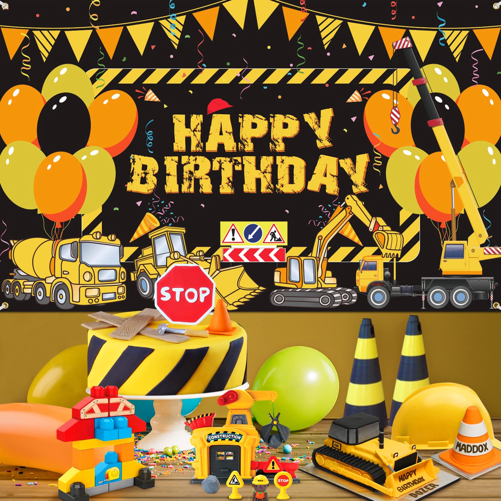 Construction Happy Birthday Banner Large Dump Truck Backdrop Excavator Crane Digger Background Party Supplies for Boys Kids Construction Baby Shower Birthday Party Decoration