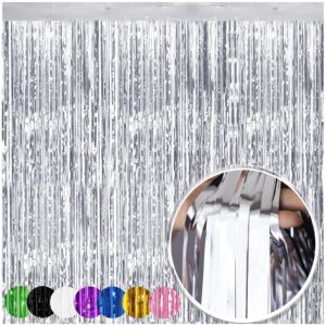 silver foil fringe backdrop curtains 6 pack of 3.28 ft x 8.28 ft thicken metallic tinsel streamer party decorations for christmas new year birthday wedding graduation party decor supplies