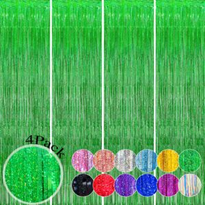 slmeno 4 pack green foil fringe curtain glitter backdrop, 12.8x8.2 feet, tinsel curtain backdrop for party decorations, green streamer backdrop curtain, christma hawaiian birthday football backdrop