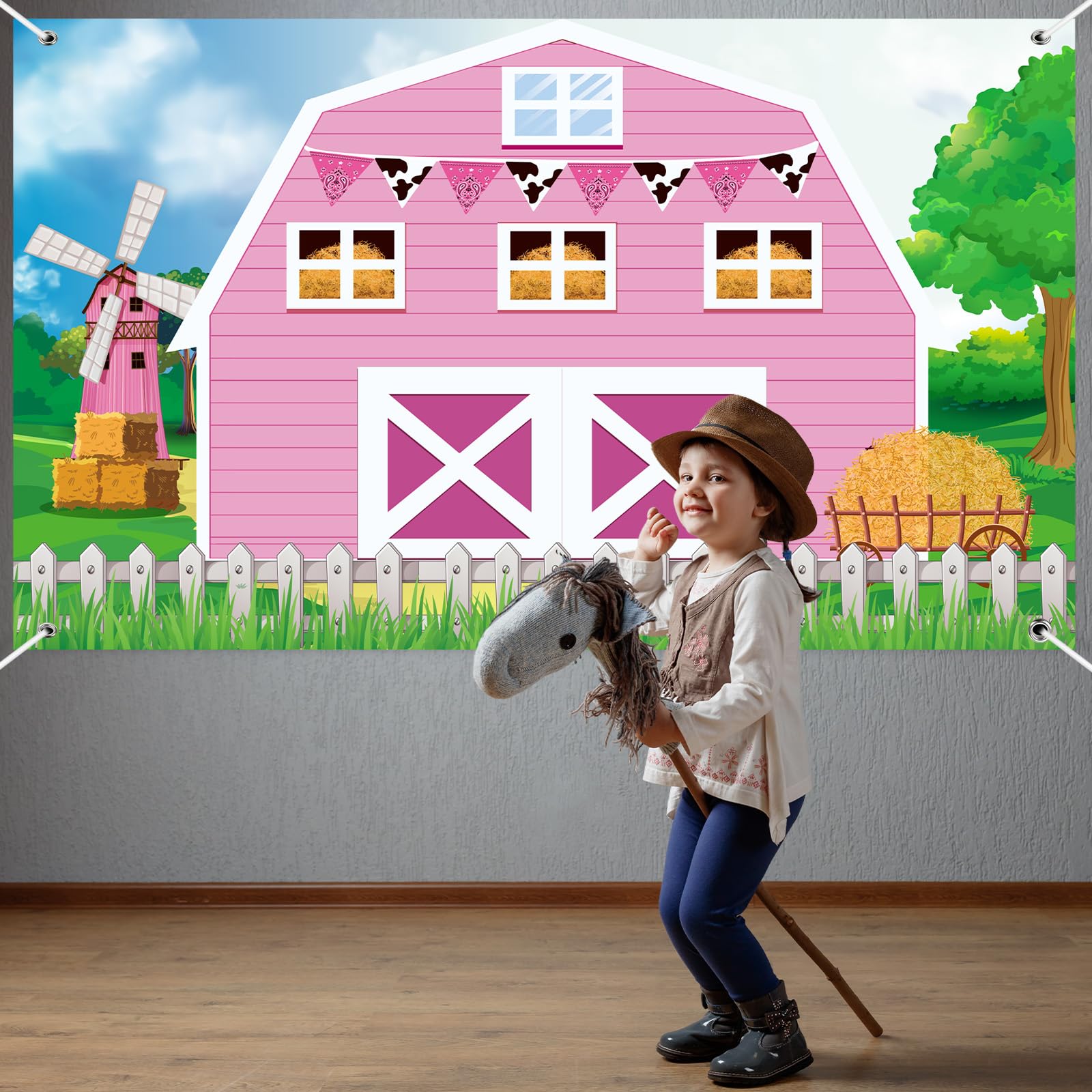 Farm Barn Door Backdrop Farm Birthday Party Supplies Barn Door Backdrop Banner Farm Photography Props Photo Booth for Themed Birthday Party Supplies 72.8 x 43.3 Inch (Pink)