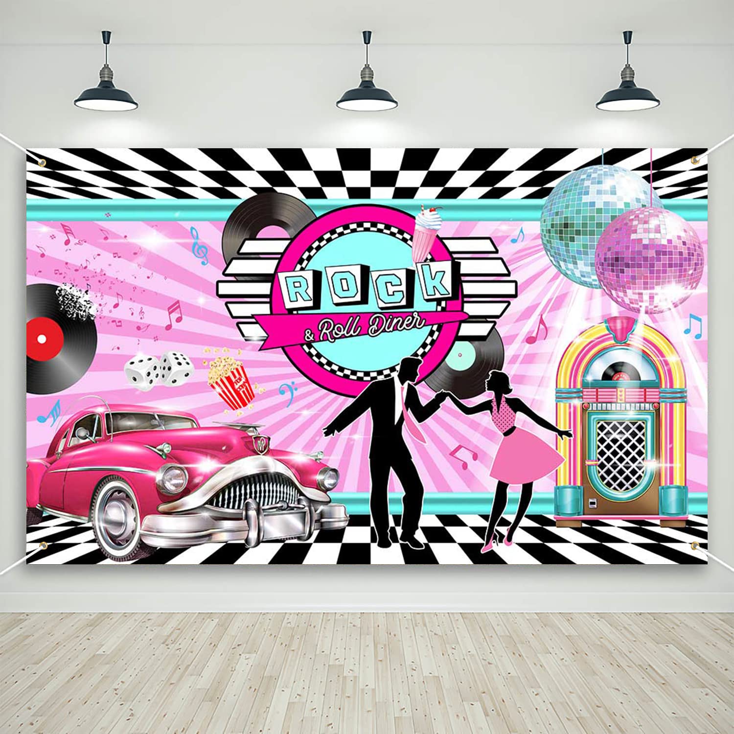 Mocsicka 50s Birthday Party Banner Back to 50's Rock and Roll Banner Backdrop 1950s Party Decorations Retro Rocking Backdrop for 50s Party, 72.8 x 43.3 Inch