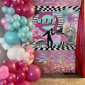 Mocsicka 50s Birthday Party Banner Back to 50's Rock and Roll Banner Backdrop 1950s Party Decorations Retro Rocking Backdrop for 50s Party, 72.8 x 43.3 Inch