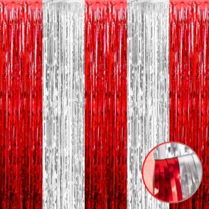 4 pack silver red foil fringe curtain backdrop, 3.28ft x 6.56ft metallic tinsel foil fringe streamers curtains for photo booth, wedding, circus welcome carnival birthday party decoration