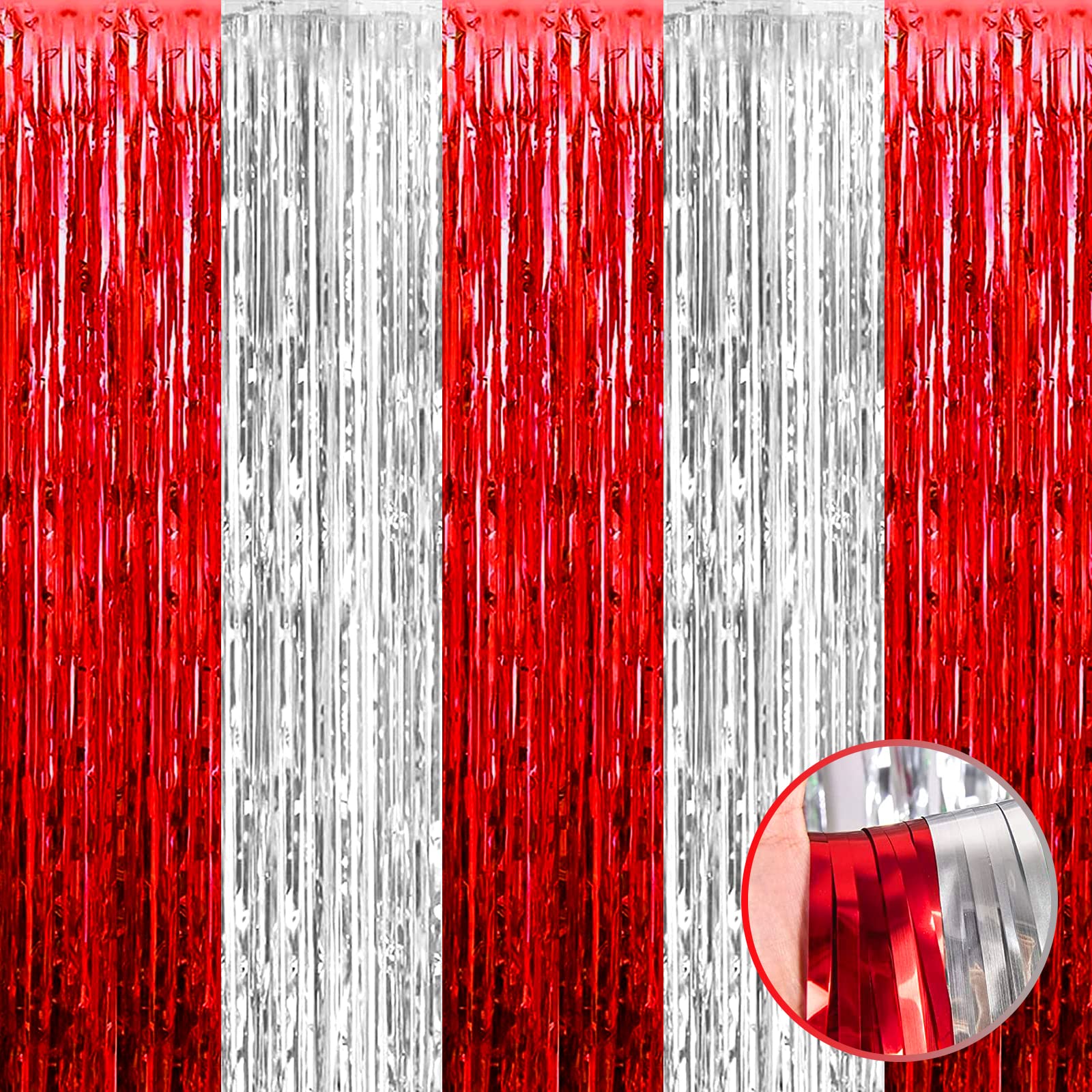 4 Pack Silver Red Foil Fringe Curtain Backdrop, 3.28Ft x 6.56Ft Metallic Tinsel Foil Fringe Streamers Curtains for Photo Booth, Wedding, Circus Welcome Carnival Birthday Party Decoration