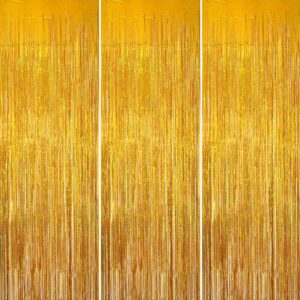 merear backdrop for party decorations, 3 pack gold foil fringe curtains party decor 8.2 * 3.3 ft tinsel streamers birthday party decorations photo fringe backdrop for party, graduation