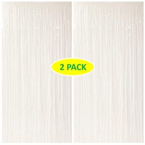 buyuget 2 pack large 3.2 x 8.2 ft white tinsel fringe backdrop curtain party decoration - doorway streamer curtain photo backdrop for birthday wedding engagement party decor