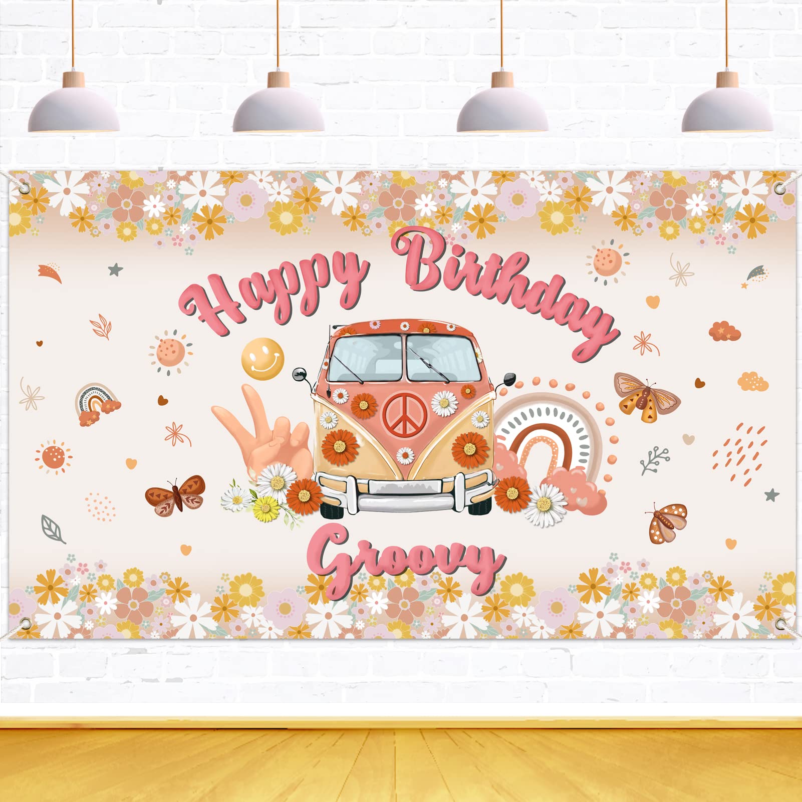 Groovy Party Decorations, Retro Hippie Boho Birthday Party Banner Backdrop Daisy Flower Groovy Sign Background Photography for Groovy Hippie Theme Birthday Party Baby Shower, 72.8 x 43.3 Inch…