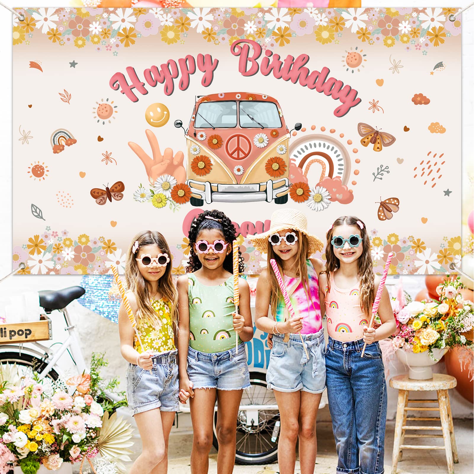 Groovy Party Decorations, Retro Hippie Boho Birthday Party Banner Backdrop Daisy Flower Groovy Sign Background Photography for Groovy Hippie Theme Birthday Party Baby Shower, 72.8 x 43.3 Inch…