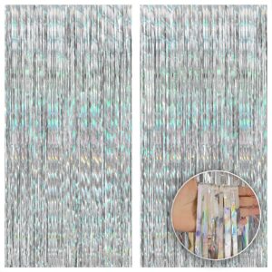 katchon, holographic silver streamer backdrop - xtralarge 3.2x8 feet, pack of 2 | silver fringe backdrop for silver streamers party decorations | silver tinsel backdrop for disco party decorations