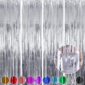 fringe curtains party decorations, tinsel streamers birthday party decorations, fringe backdrop for graduation, baby shower, gender reveal, disco party (4 pack, silver)